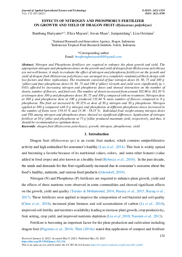 (PDF) Effects of Nitrogen and Phosphorus Fertilizer on Growth and Yield of Dragon Fruit ...