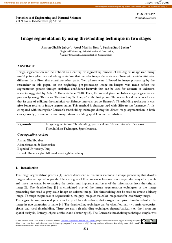 (PDF) Image segmentation by using thresholding technique in two stages