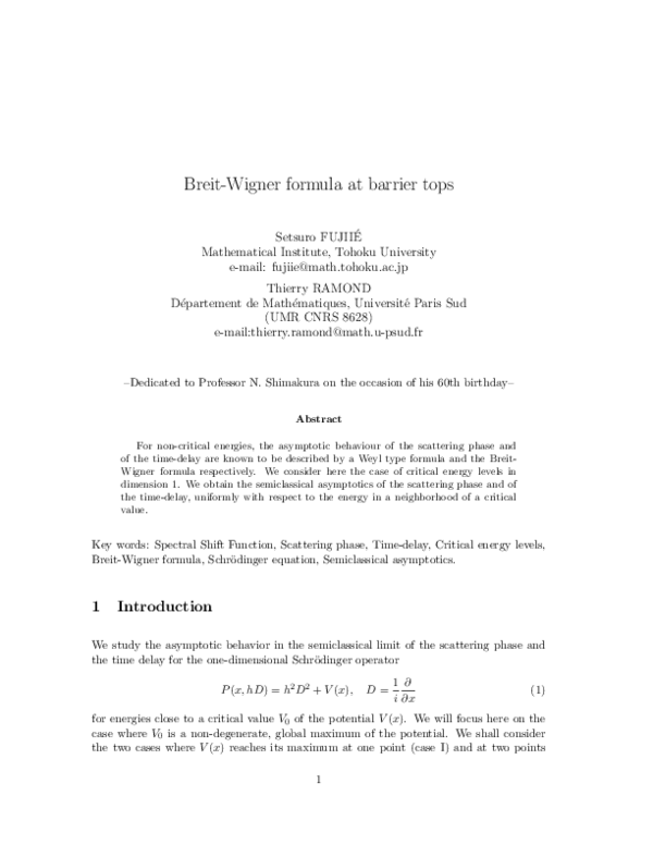 (PDF) Breit–Wigner formula at barrier tops