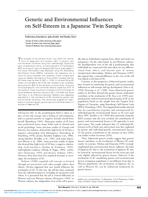 (PDF) Genetic and Environmental Influences on Self-Esteem in a Japanese ...