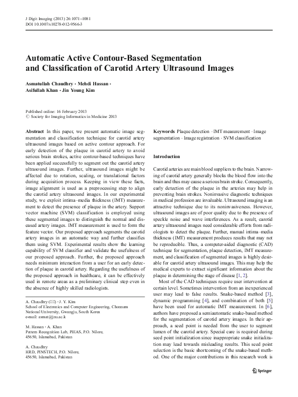 Pdf Automatic Active Contour Based Segmentation And Classification Of Carotid Artery