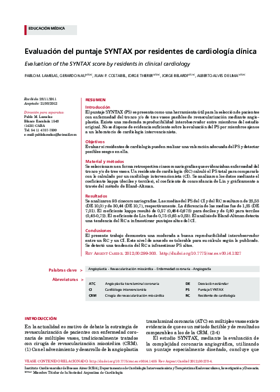 (PDF) Evaluation of the SYNTAX score by residents in clinical ...