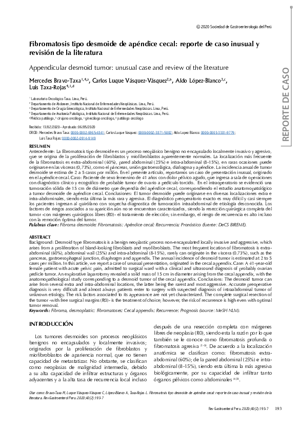 (PDF) Fibromatosis tipo desmoide de apéndice cecal: reporte de caso ...
