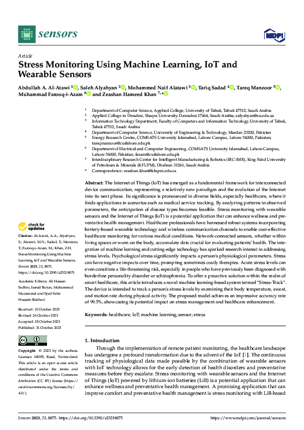 (PDF) Stress Monitoring Using Machine Learning, IoT and Wearable Sensors
