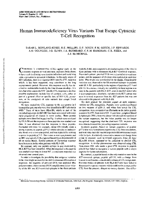 (PDF) Human Immunodeficiency Virus Variants That Escape Cytotoxic T ...
