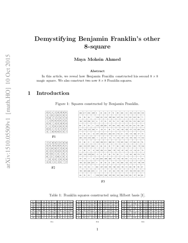 (PDF) Benjamin Franklin's Second 8x8 Magic Square Uncovered