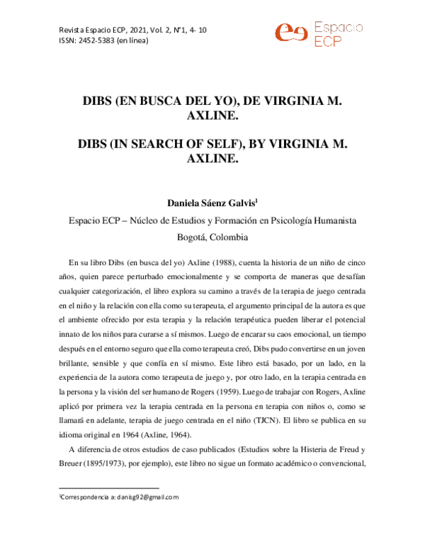 (PDF) DIBS (EN BUSCA DEL YO), DE VIRGINIA M. AXLINE. (Daniela Sáenz)