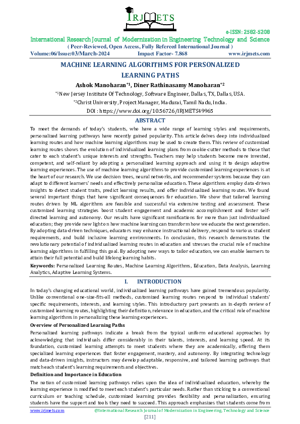 (PDF) MACHINE LEARNING ALGORITHMS FOR PERSONALIZED LEARNING PATHS