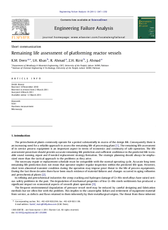 (PDF) Remaining life assessment of platforming reactor vessels