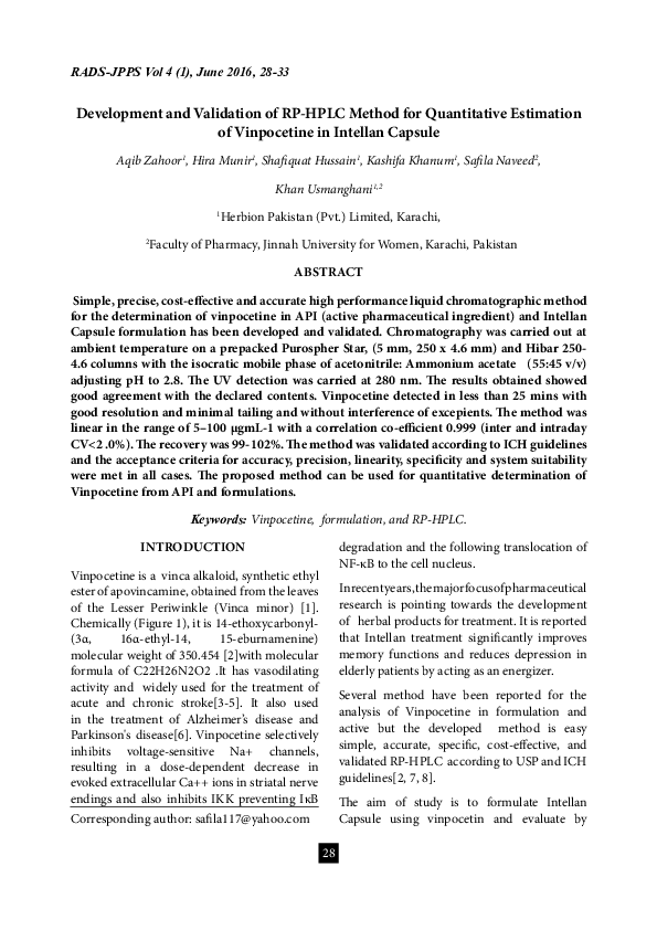 (PDF) Development and Validation of RP-HPLC Method for Quantitative Estimation of Vinpocetine in ...