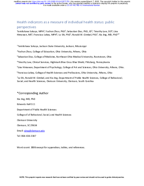 (PDF) Health indicators as a measure of individual health status ...