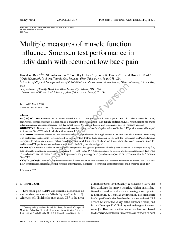 (PDF) Multiple measures of muscle function influence Sorensen Test ...