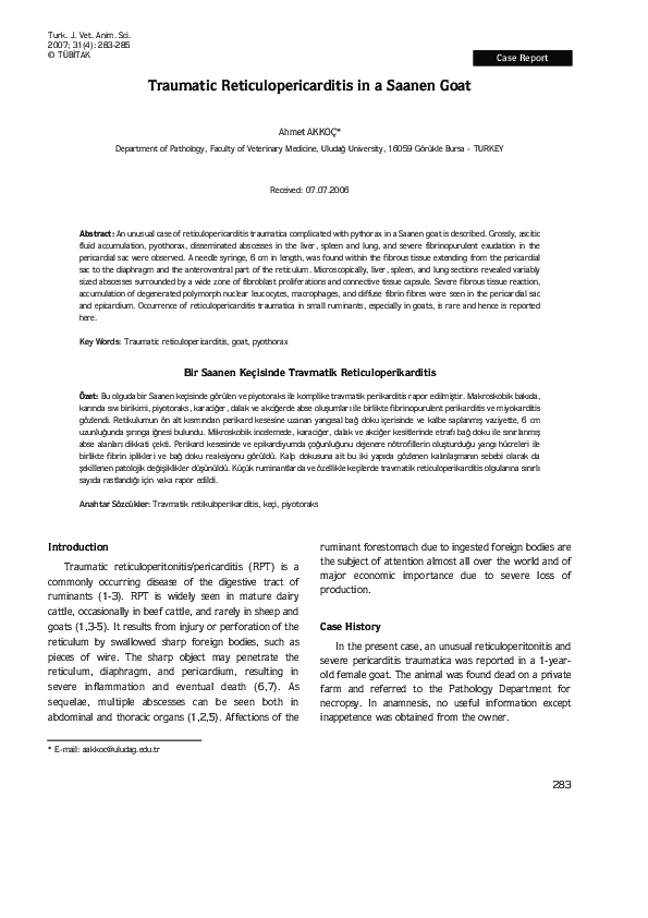 (PDF) Traumatic Reticulopericarditis in a Goat Case