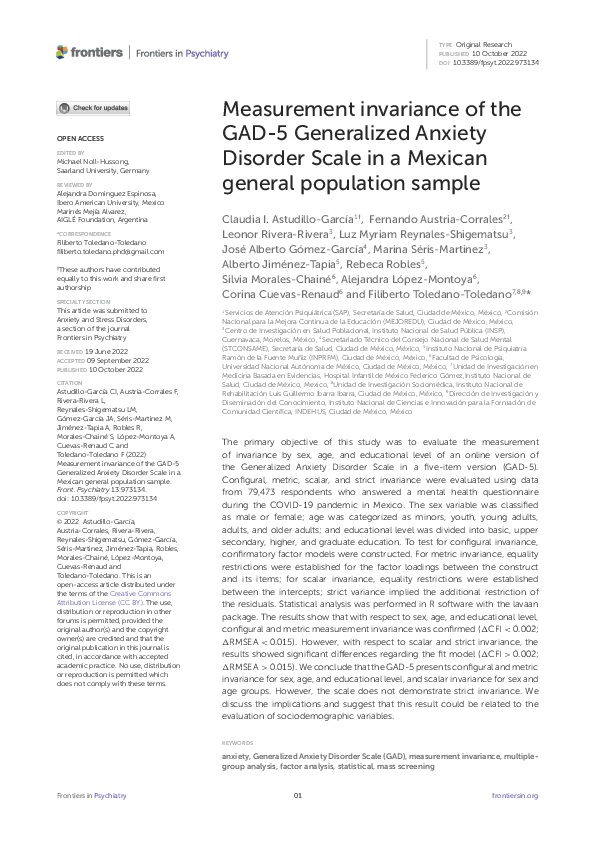 (PDF) Measurement invariance of the GAD-5 Generalized Anxiety Disorder Scale in a Mexican ...