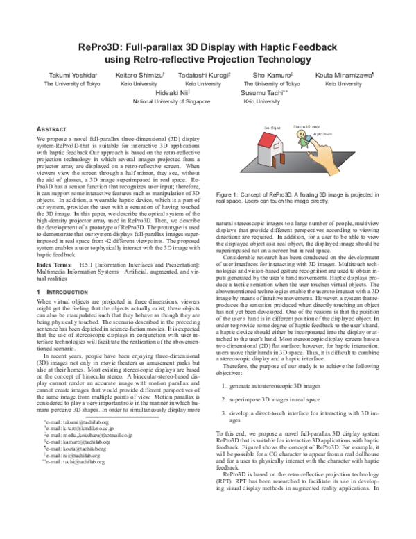 Pdf Repro3d Full Parallax 3d Display With Haptic Feedback Using Retro Reflective Projection