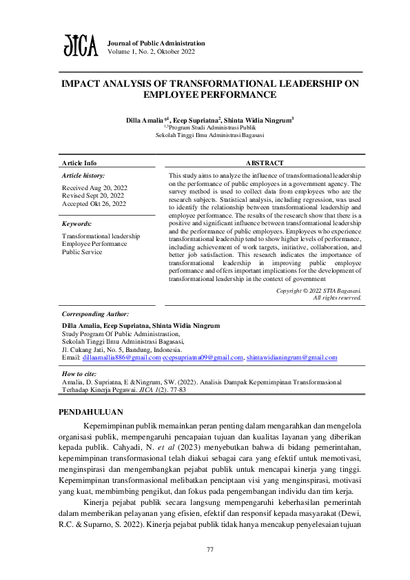 (PDF) Impact Analysis of Transformational Leadership on Employee Performance
