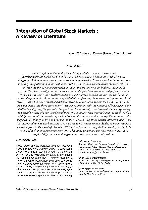 (PDF) Integration of Global Stock Markets : a Review of Literature