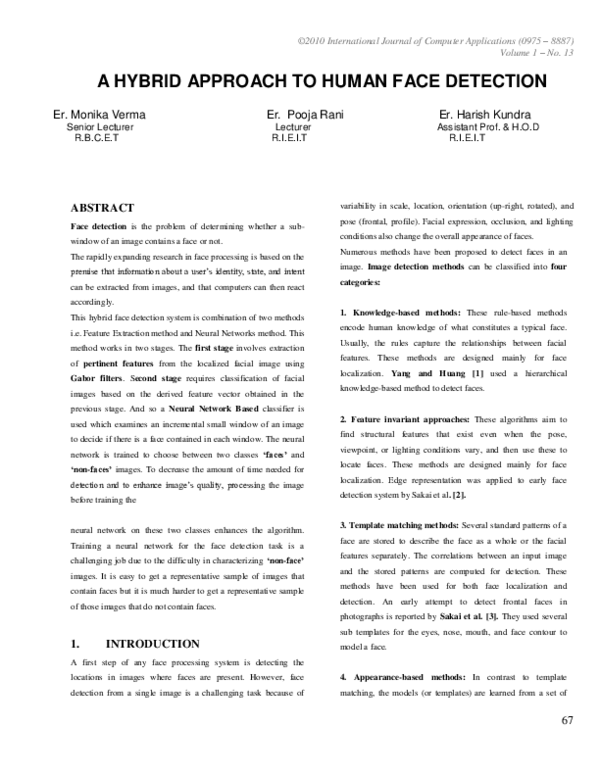 Pdf A Hybrid Approach To Human Face Detection