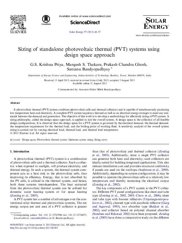 (PDF) Sizing of standalone photovoltaic thermal (PVT) systems using design space approach ...