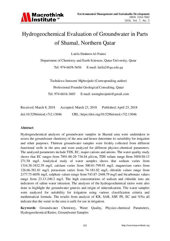 (PDF) Hydrogeochemical Evaluation of Groundwater in Parts of Shamal, Northern Qatar