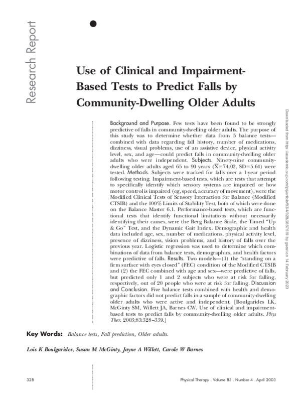 (PDF) Use of Clinical and Impairment-Based Tests to Predict Falls by ...