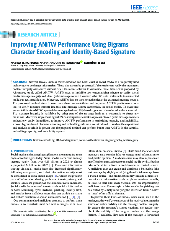 (PDF) Improving ANiTW Performance Using Bigrams Character Encoding and Identity-Based Signature