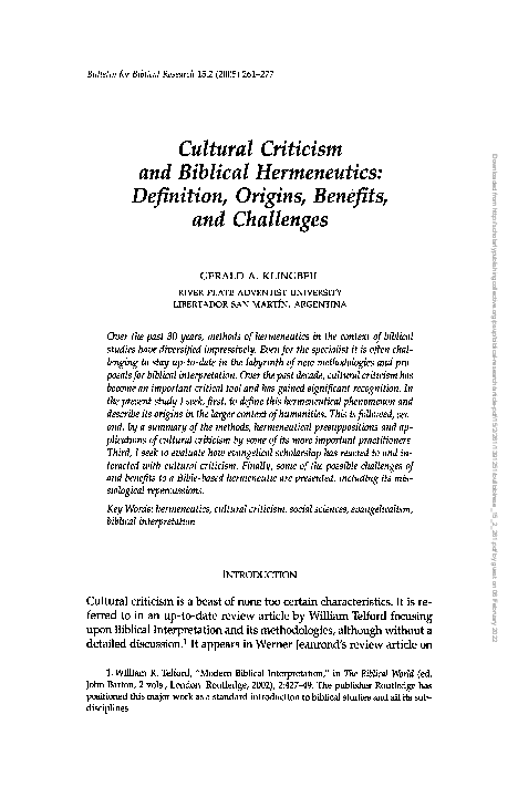 (PDF) Cultural Criticism and Biblical Hermeneutics: Definition, Origins ...