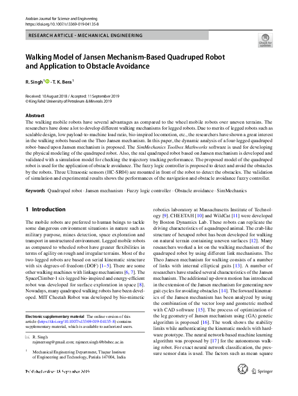 (PDF) Walking Model of Jansen Mechanism-Based Quadruped Robot and Application to Obstacle Avoidance