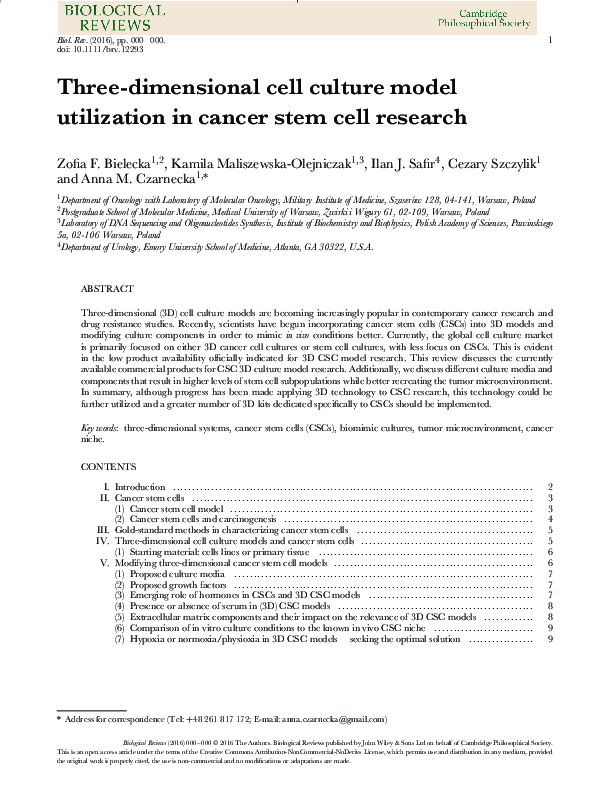 (PDF) Three-dimensional cell culture model utilization in cancer stem ...