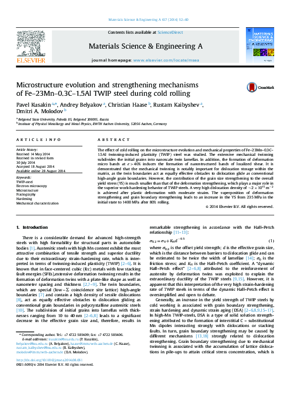 (PDF) Microstructure evolution and strengthening mechanisms of Fe–23Mn–0.3C–1.5Al TWIP steel ...