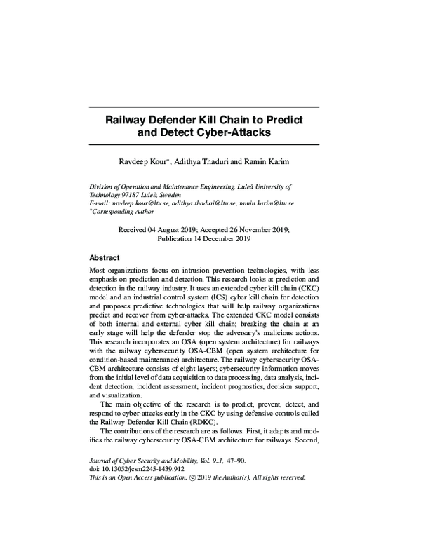 (PDF) Railway Defender Kill Chain to Predict and Detect Cyber-Attacks