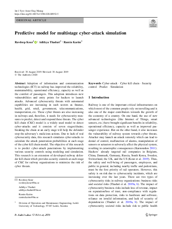 (PDF) Predictive model for multistage cyber-attack simulation