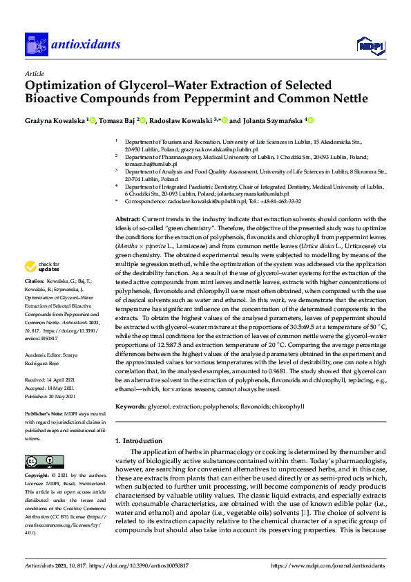 (PDF) Optimization of Glycerol–Water Extraction of Selected Bioactive ...