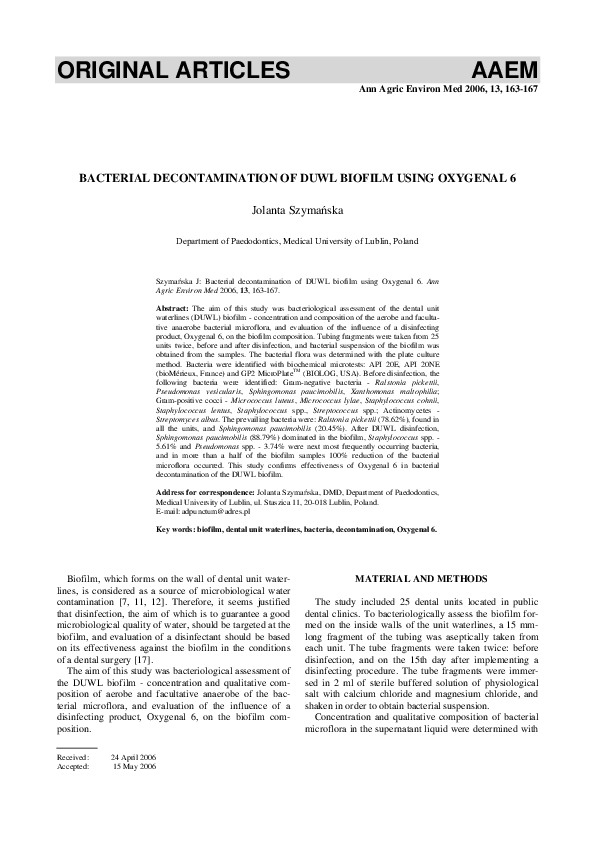 (PDF) Bacterial decontamination of DUWL biofilm using Oxygenal 6