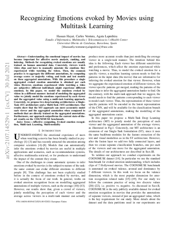 (PDF) Recognizing Emotions evoked by Movies using Multitask Learning