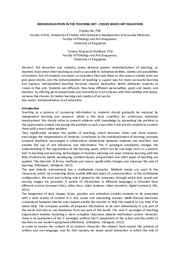 INDIVIDUALIZATION IN THE TEACHING ART -CHOICE BASED ART EDUCATION