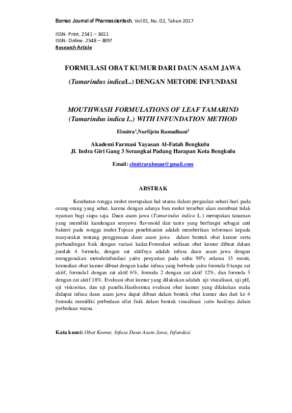 (PDF) FORMULASI OBAT KUMUR DARI DAUN ASAM JAWA (Tamarindus indicaL ...