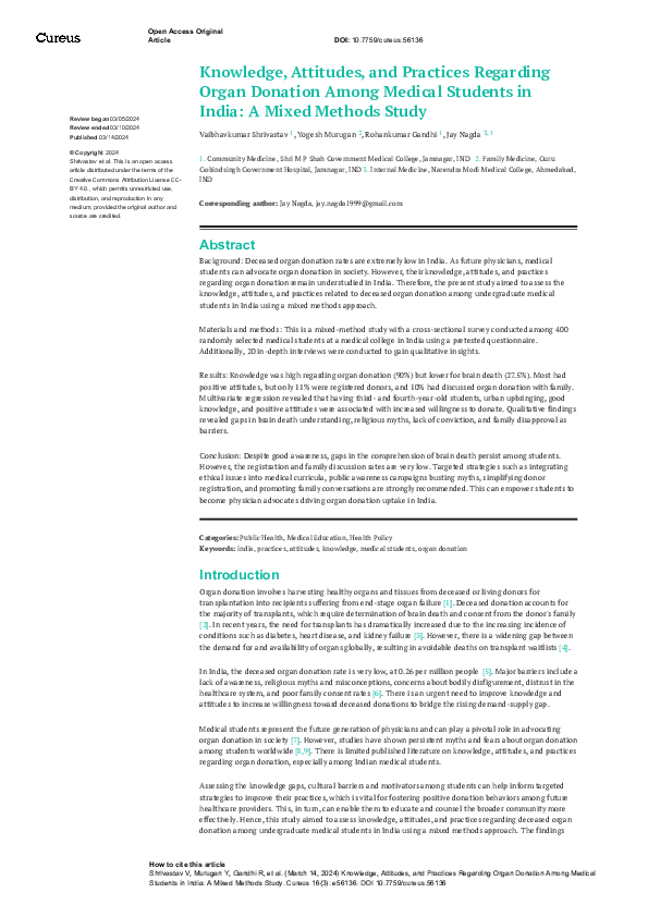 (PDF) Knowledge, Attitudes, and Practices Regarding Organ Donation Among Medical Students in ...