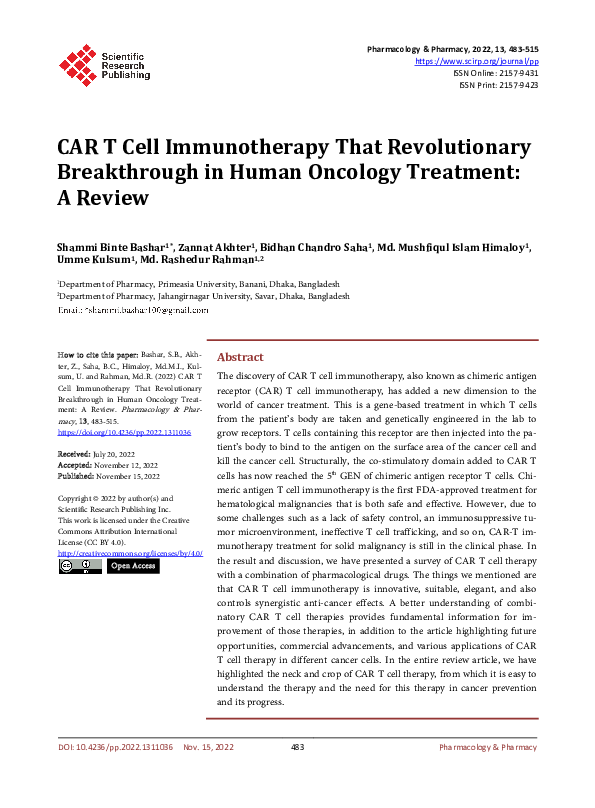 (PDF) CAR T Cell Immunotherapy That Revolutionary Breakthrough in Human ...