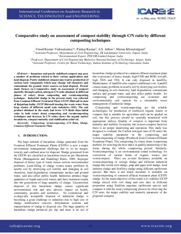 (PDF) Comparative study on assessment of compost stability through C/N ratio by different ...