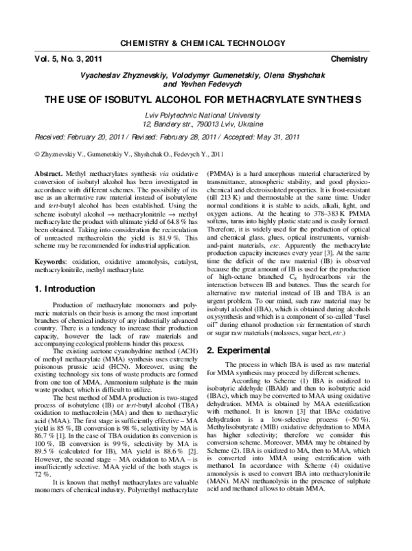 (PDF) The use of isobutyl alcohol for methacrylate synthesis
