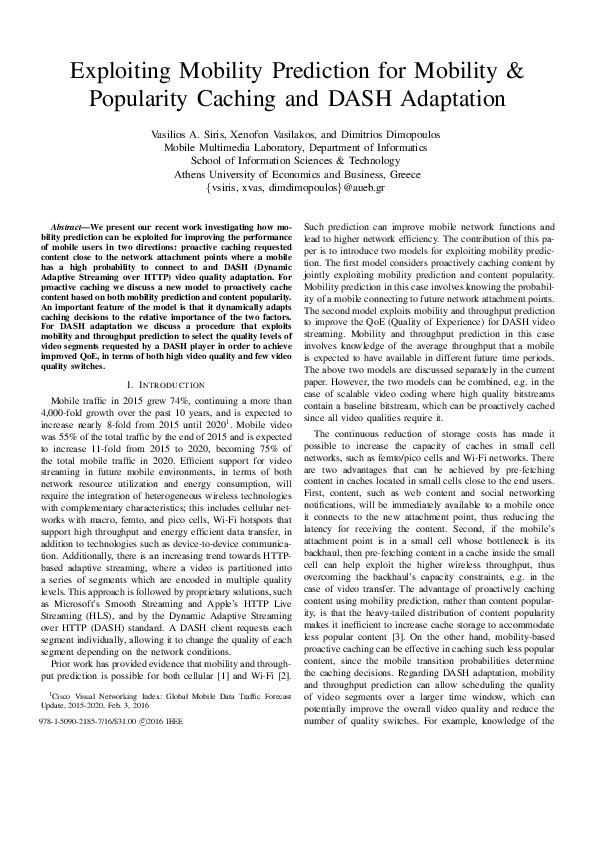 Pdf Exploiting Mobility Prediction For Mobility And Popularity Caching