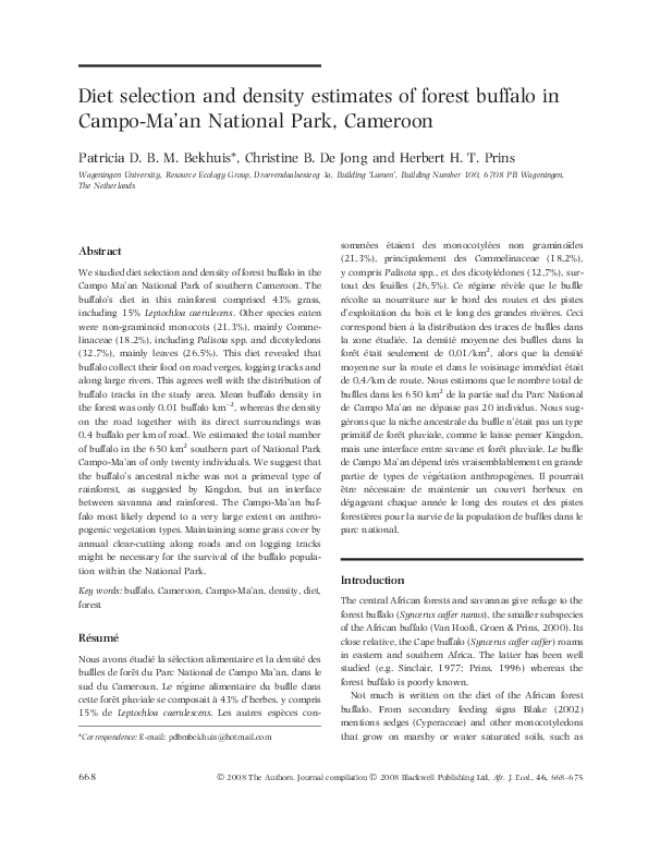 (PDF) Diet selection and density estimates of forest buffalo in Campo ...