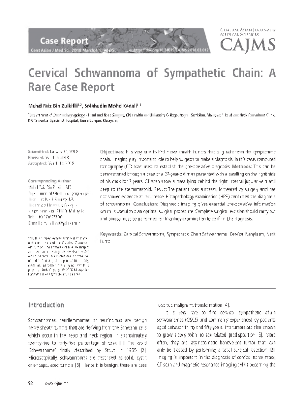 (PDF) Cervical Schwannoma of Sympathetic Chain: A Rare Case Report