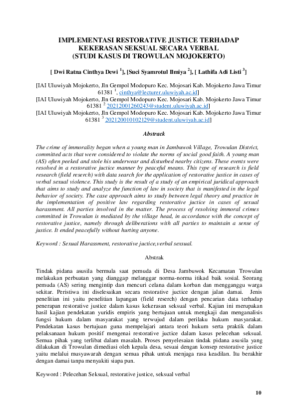 (PDF) Implementasi Restorative Justice Terhadap Kekerasan Seksual Secara Verbal (Studi Kasus DI ...