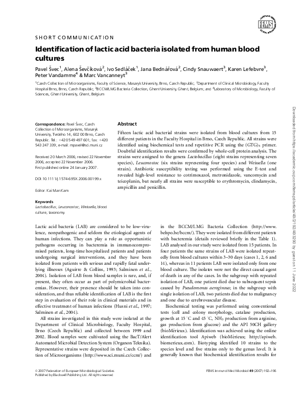 (PDF) Identification of lactic acid bacteria isolated from human blood cultures