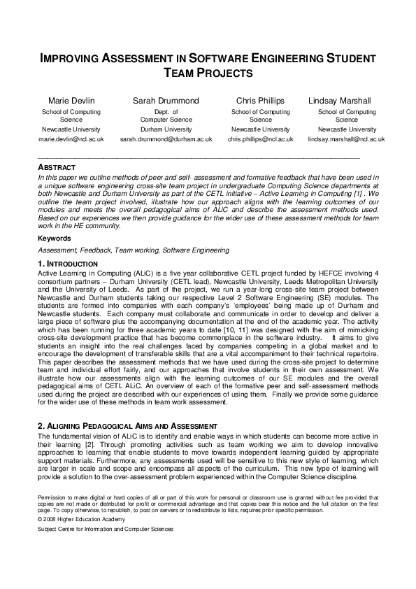 (PDF) Improving assessment in software engineering student team projects