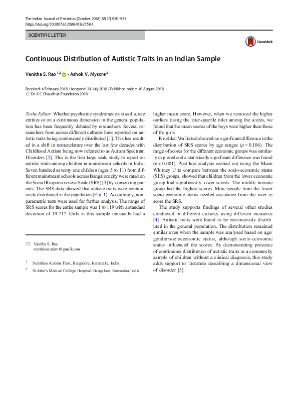 (PDF) Continuous Distribution of Autistic Traits in an Indian Sample
