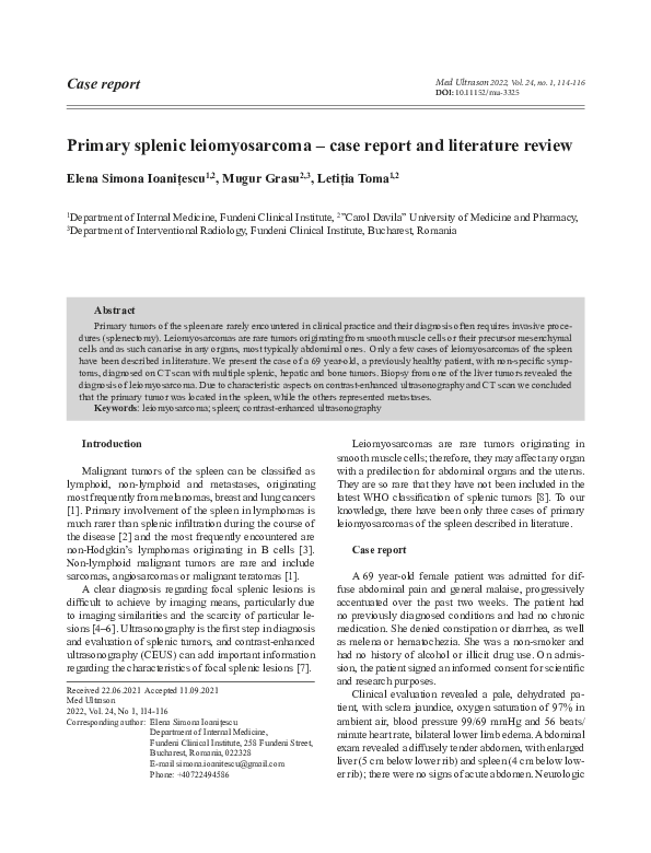 (PDF) Primary splenic leiomyosarcoma – case report and literature review