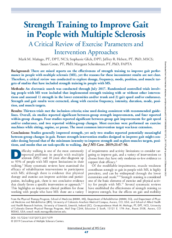 (PDF) Strength Training to Improve Gait in People with Multiple Sclerosis | Susan B Coote ...